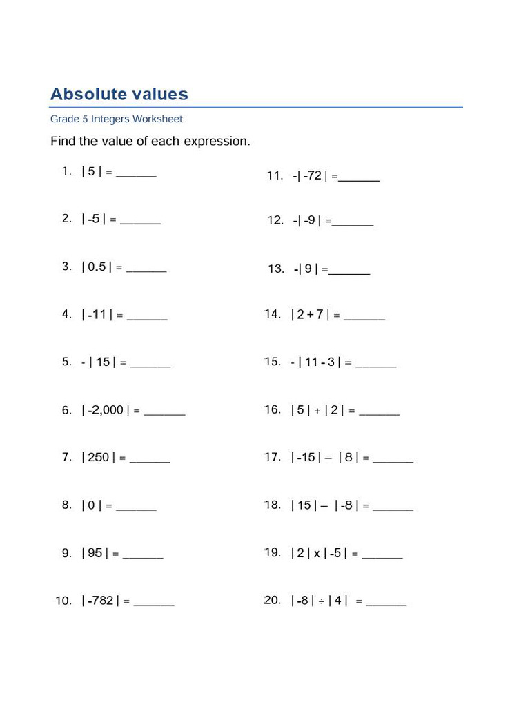 Absolute Value and Comparing Integers | PDF