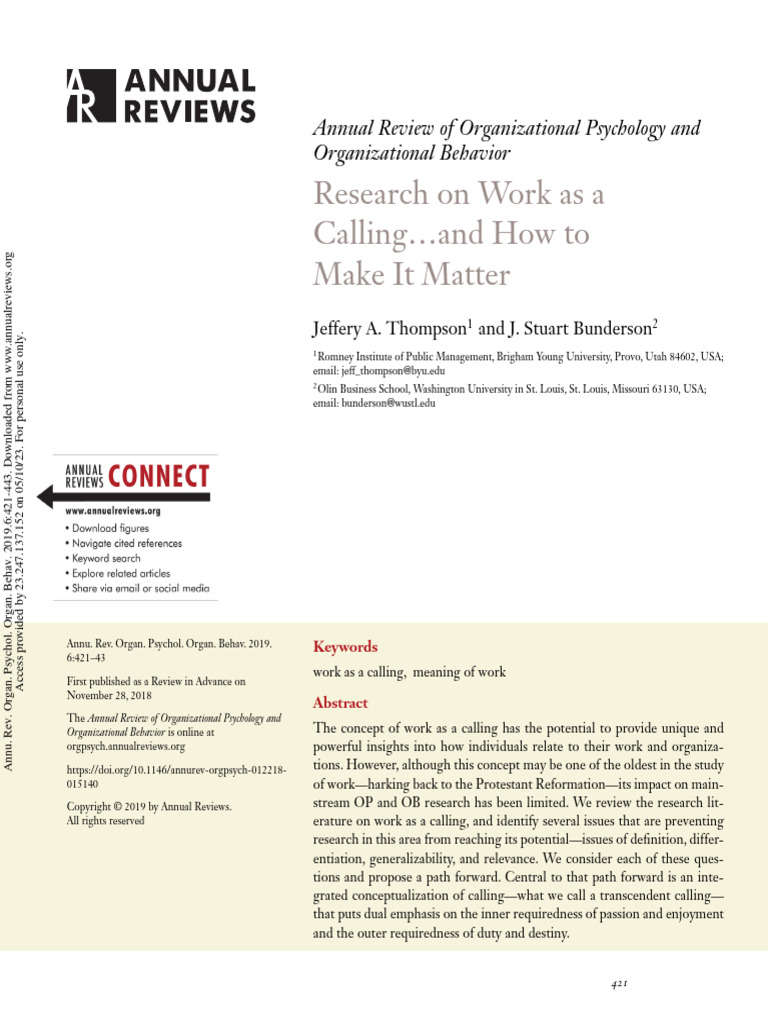 Thompson and Bunderson - 2019 - Research On Work As A Calling and How ...