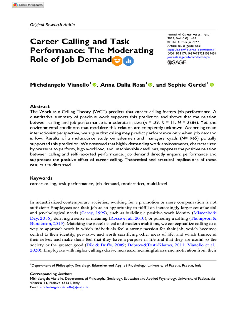 Vianello Et Al - 2022 - Career Calling and Task Performance | PDF | Motivation | Motivational