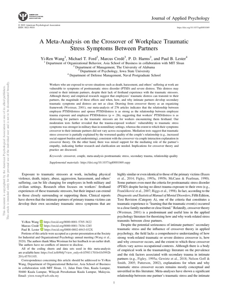 Wang Et Al. - 2023 - A Meta-Analysis On The Crossover of Workplace Trau ... Wang Et Al. - 2023 - A Meta-Analysis On The Crossover of Workplace Trau ...