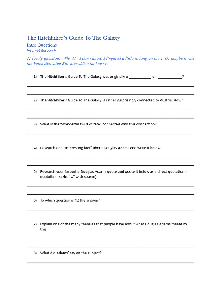 The Hitchhikers Guide To The Galaxy - Intro Questions | PDF