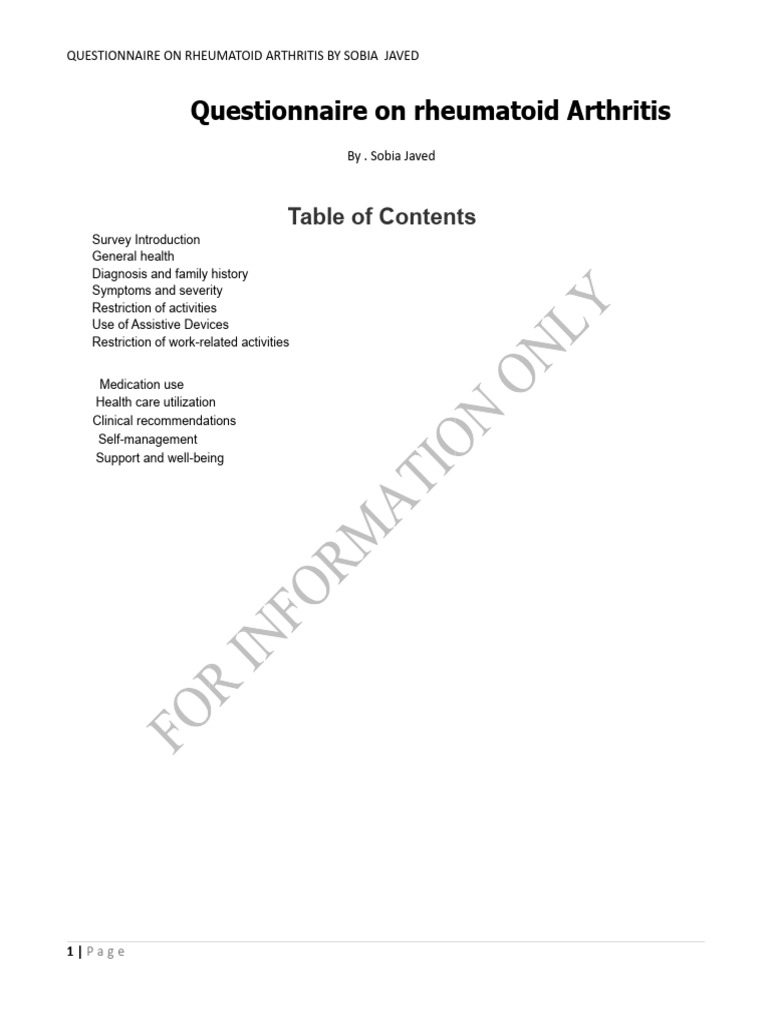 Questionnaire On Rheumatoid Arthritis Sobia | PDF | Arthritis ...