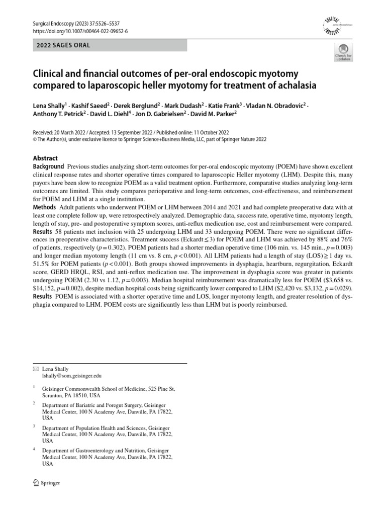 Acalasia de Esôfago - Miotomia Peroral Vs Heller, Surgical Endoscopy, v ...