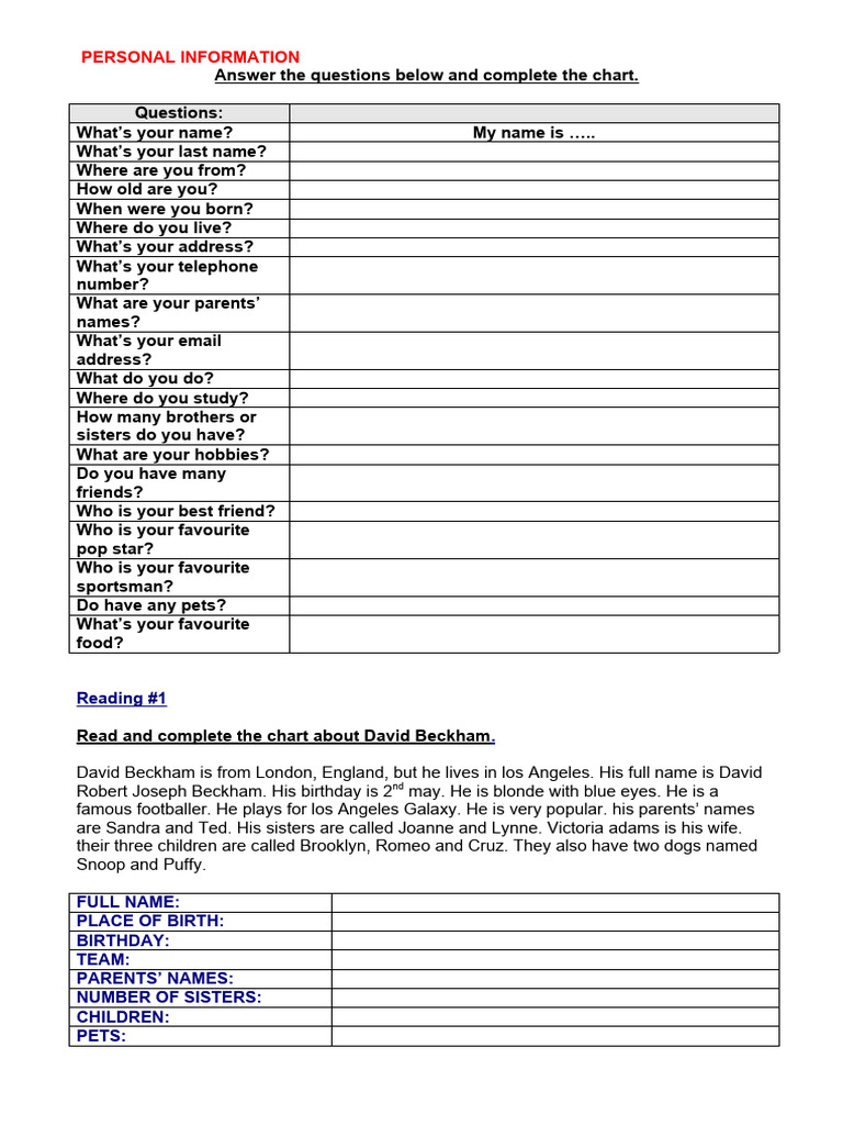 Personal Information Worksheet | PDF