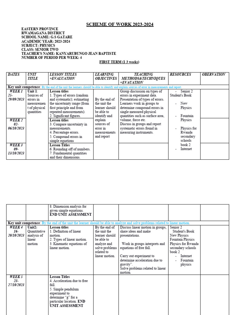 S2 Physics Scheme 2024 3 | PDF | Pressure | Force
