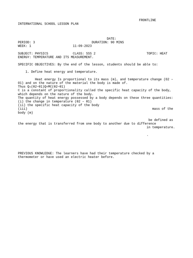 Sss 2 Week 1 Physics Lesson Plan 2023 2024 First Term | PDF | Temperature | Heat