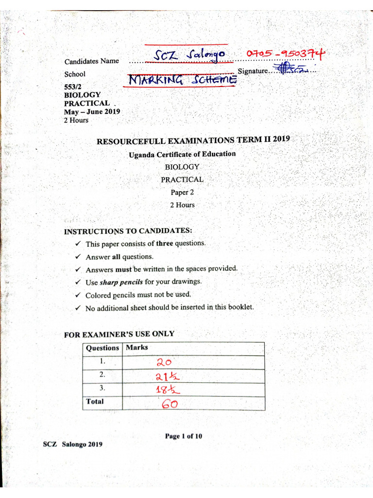 Marking Scheme Examination Biology Practical | PDF