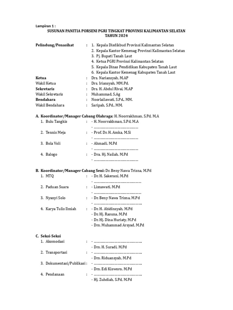 Susunan Panitia Porseni Pgri Tingkat Prov Kalsel 2024 | PDF