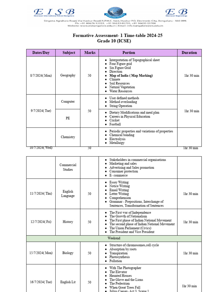 GR 10 ICSE - FA1 Time-Table 2024-25 | PDF