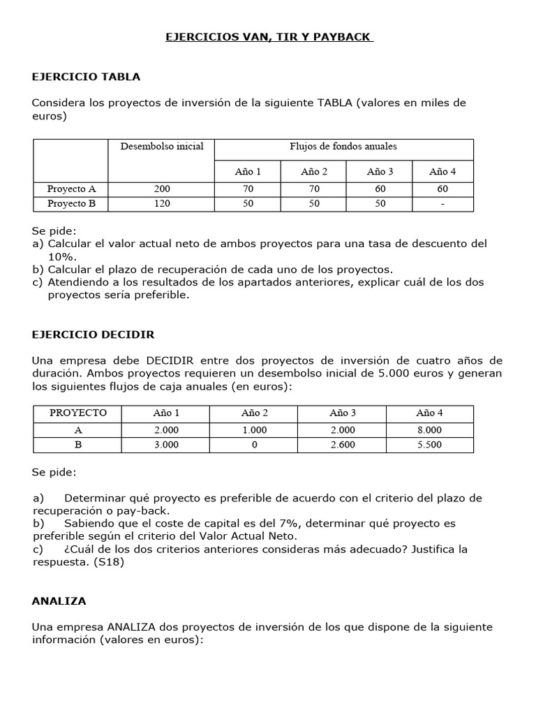 EJERCICIOS VAN Y TIR | PDF | Tasa interna de retorno | Valor presente neto