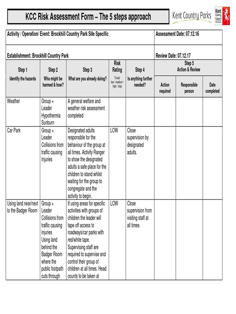 Brockhill Country Park Risk Assessment | PDF | Risk | Personal ...