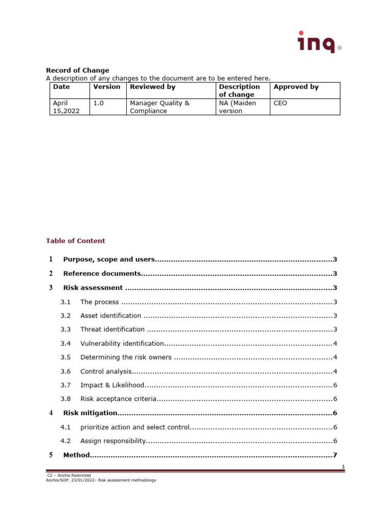 ANCHIS SOP - Risk Assessment methodology | Download Free PDF | Risk ... ANCHIS SOP - Risk Assessment methodology | Download Free PDF | Risk ...