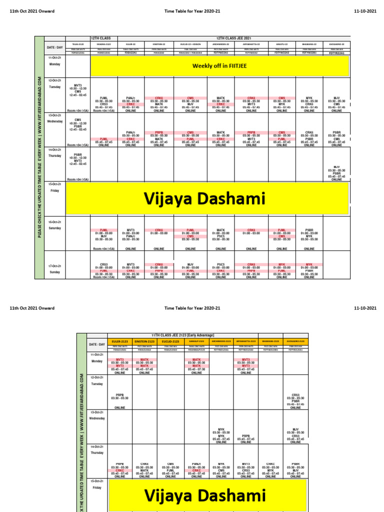 11th Oct Onward Time Table 2021-22 Updated | PDF