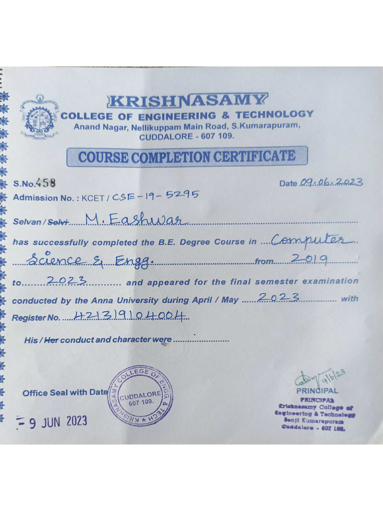 Eashwar Course Completion Certificate | PDF