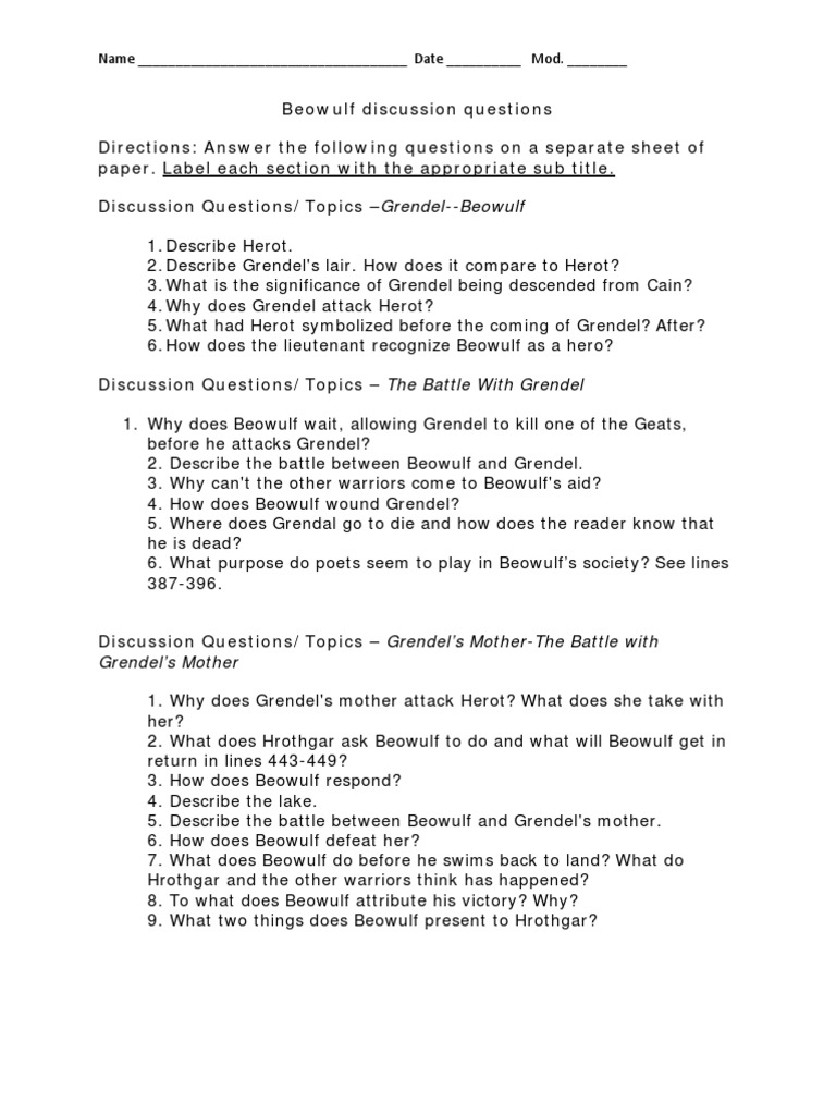 Beowulf Discussion Questions | PDF