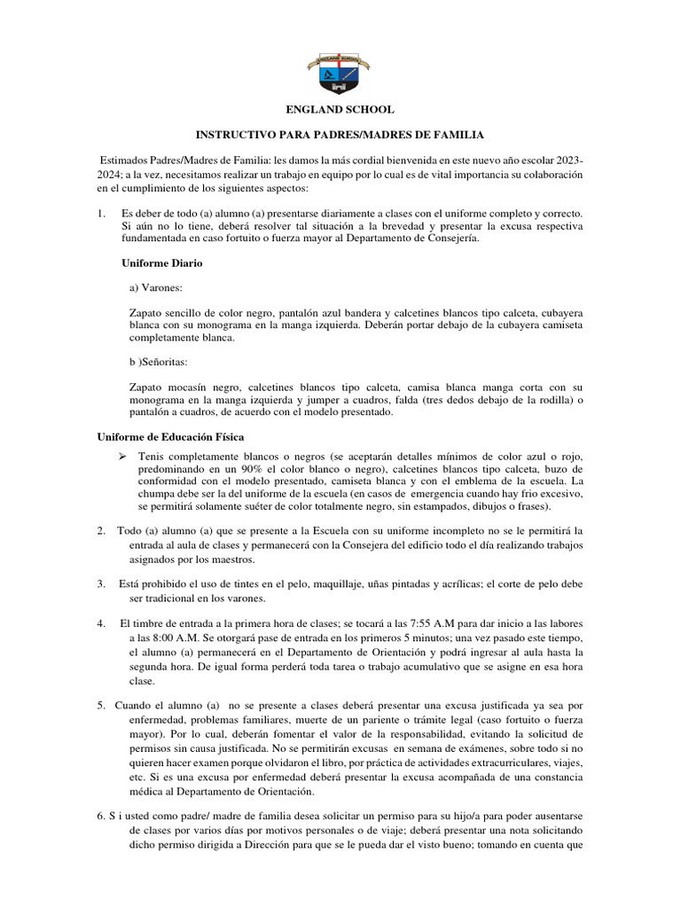 Instructivo para Padres 2023-2024 | PDF | Calcetín