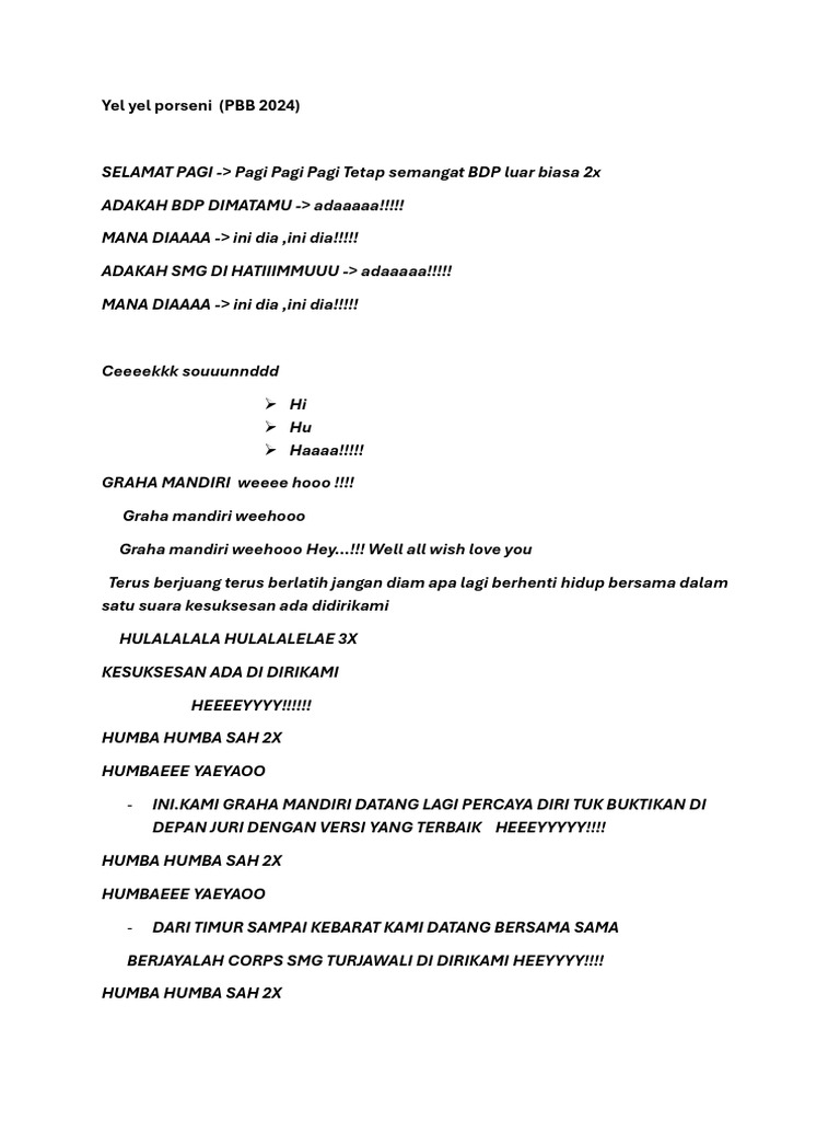 Yel Yel Porseni (PBB 2024) | PDF