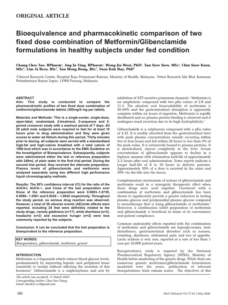 Bioequivalence and Pharmacokinetic Comparison of Two Fixed Dose Combination of Metformin ...