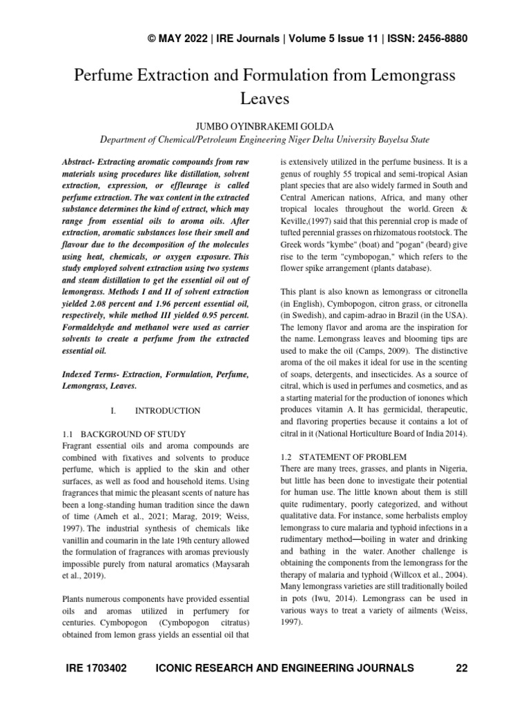 Perfume Extraction and Formulation From Lemongrass Leaves | PDF ...