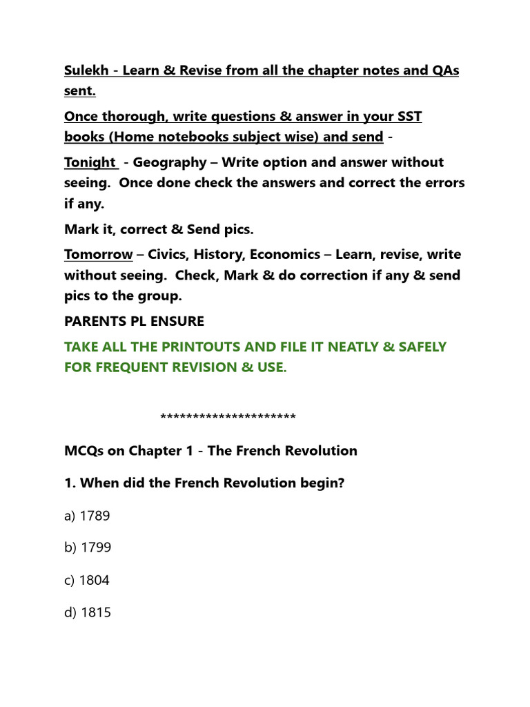 Mcqs On Chapter 1 French Revolution Pdf French Revolution