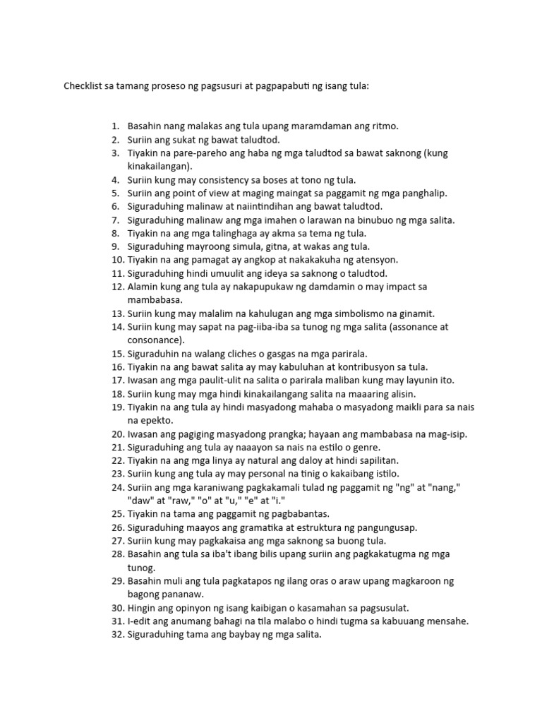 Pagsulat NG Tula Checklist | PDF