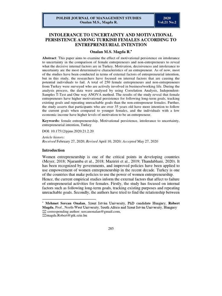 Intolerance To Uncertainty and Moti | PDF | Entrepreneurship | Linear Regression