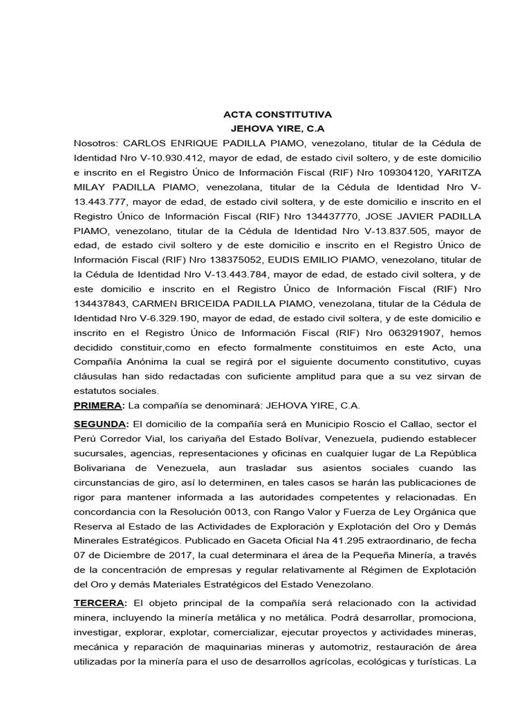 Acta Constitutiva de Jehova Yire, C.A. | PDF | Minería | Compartir ...