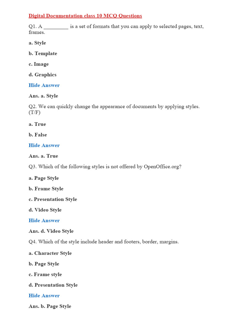 Digital Documentation Class 10 MCQ Questions | PDF | Page Layout | Hyperlink