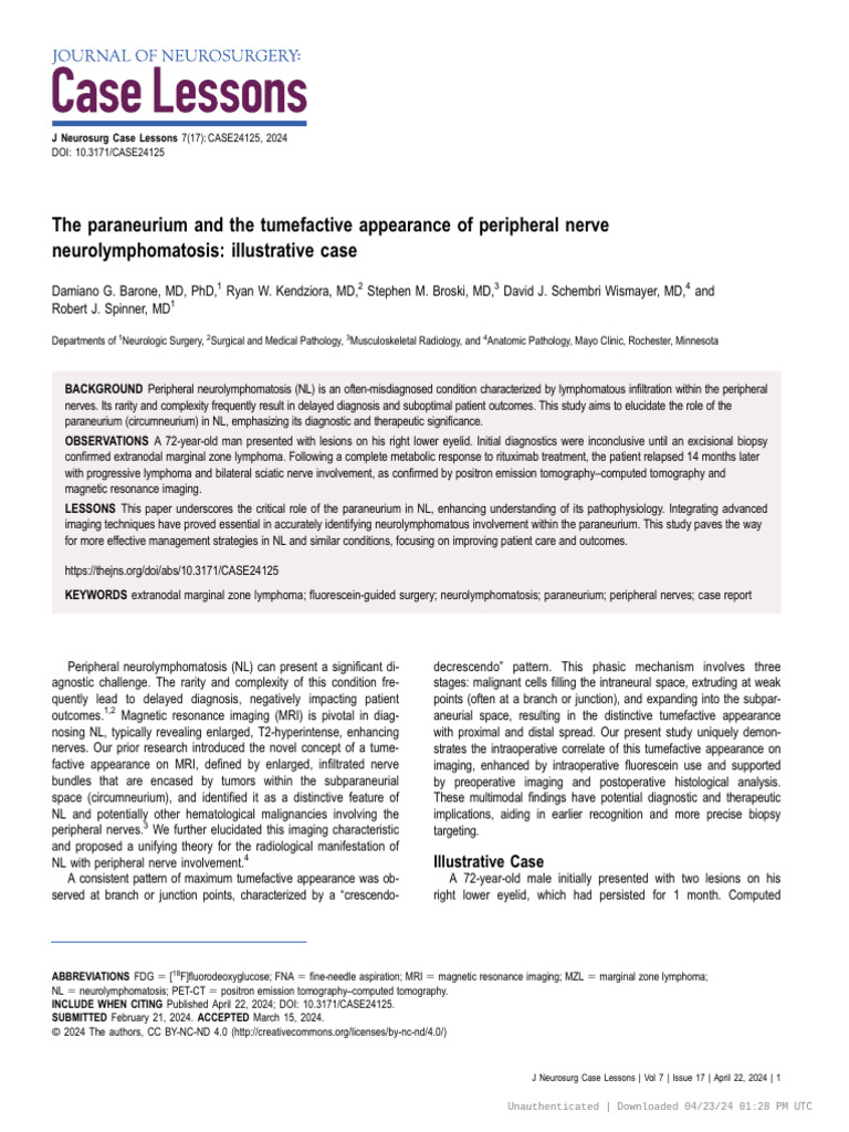 The Paraneurium and The Tumefactive Appearance of Peripheral Nerve Neurolymphomatosis ...