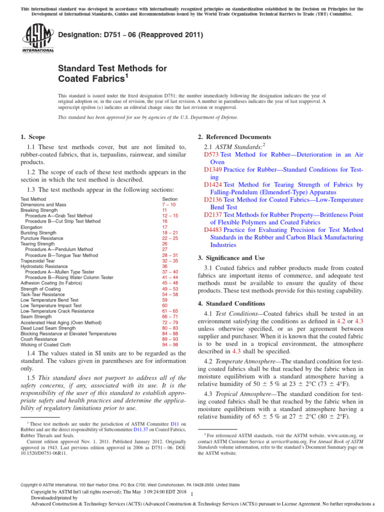 D751-11 Coated Fabrics | PDF | Pressure | Fracture