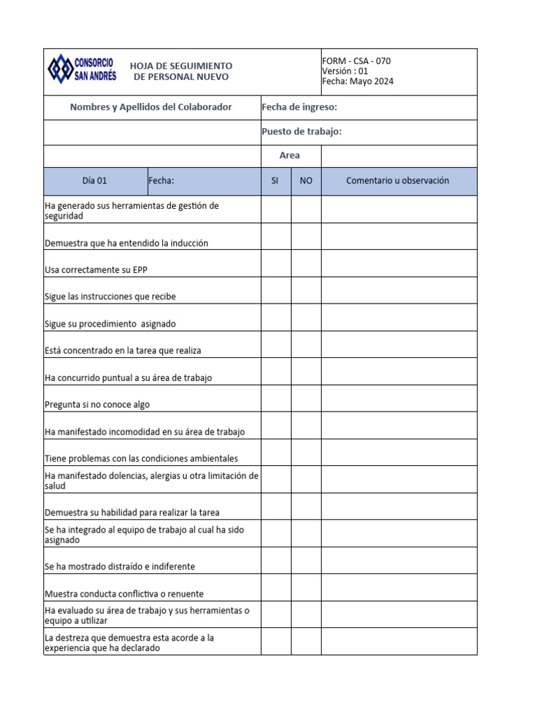 Hoja de Seguimiento de Personal Nuevo | PDF | Cognición