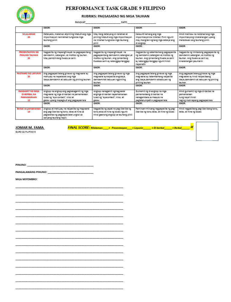 Performance Task Grade 9 Filipino | PDF