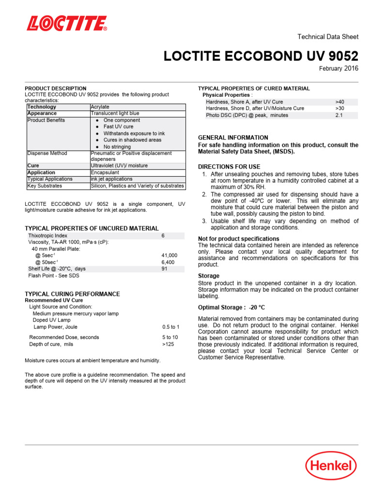 LOCTITE ECCOBOND UV 9052 en - GL | PDF | Ultraviolet | Legal Liability