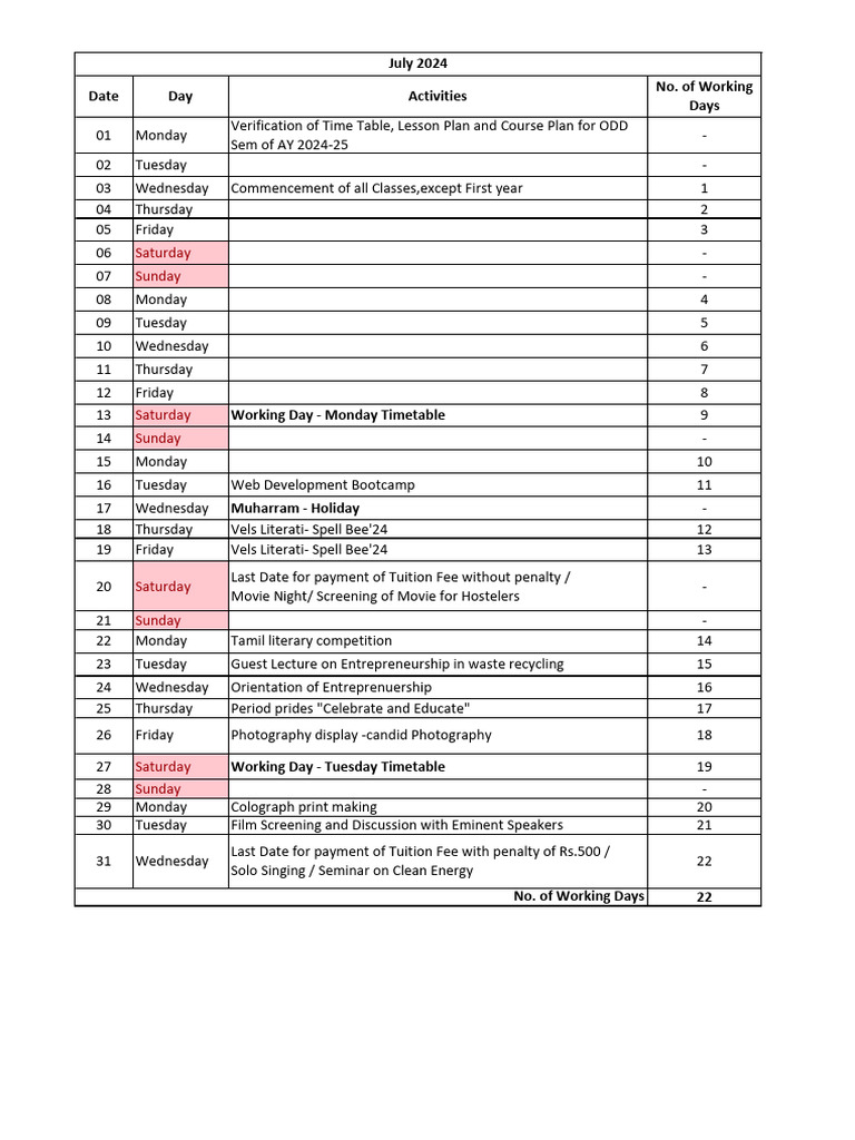 July 2024 Academic Schedule | PDF