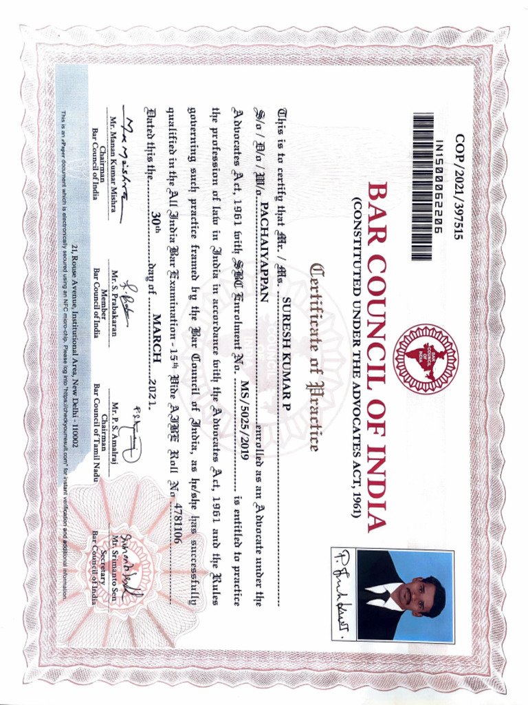 Bar Council Certi | PDF | Government Of India