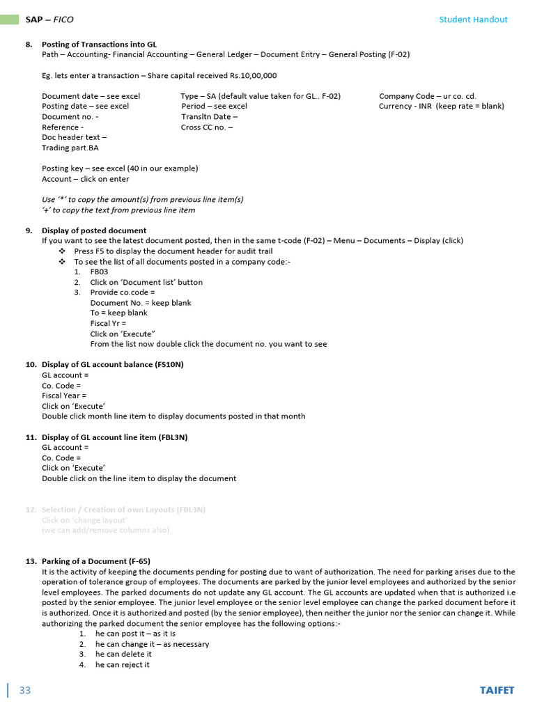 SAP - FICO-Handout - Transaction Posting & Parking | PDF | Debits And Credits