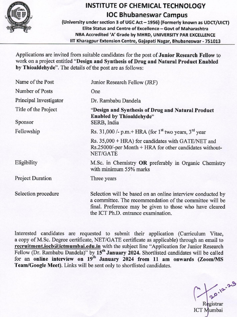 Advertisement JRF ICT IOCB DR Rambabu Dandela | PDF