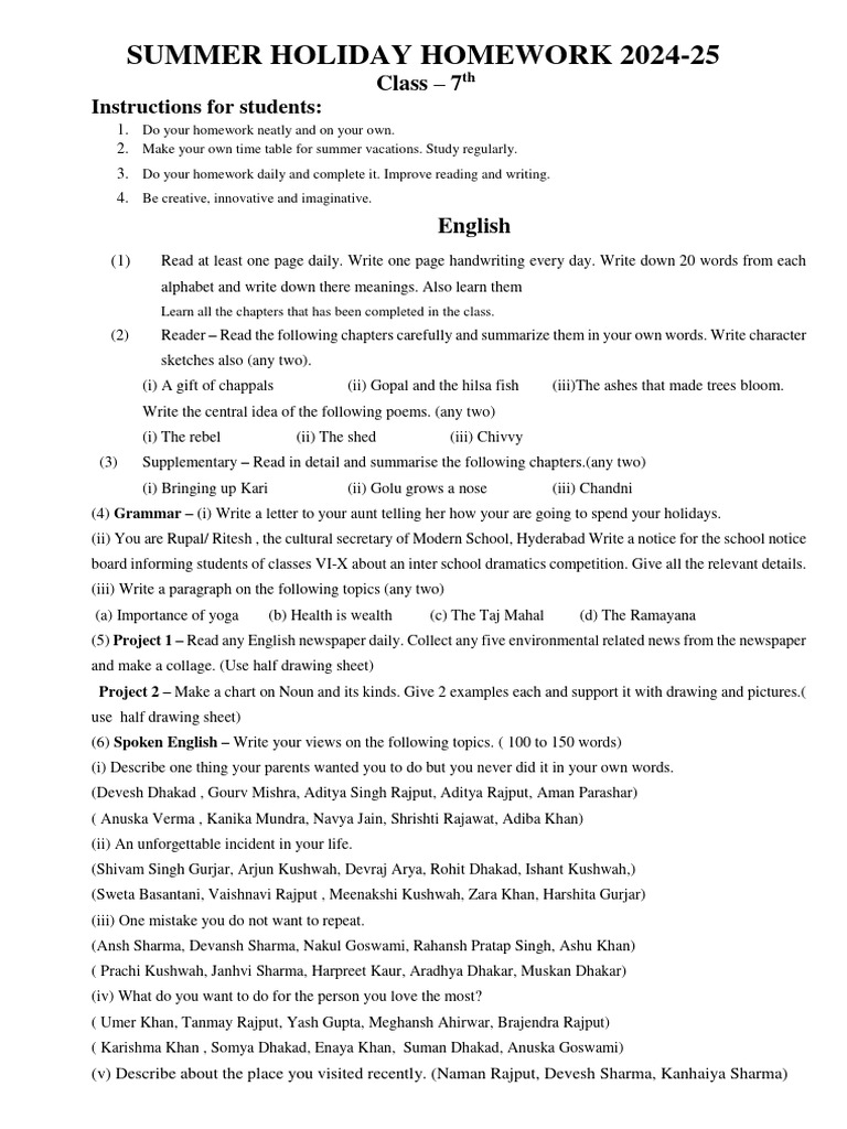 7th Class Summer Holiday Homework 2024-2025 | PDF | Elementary Geometry