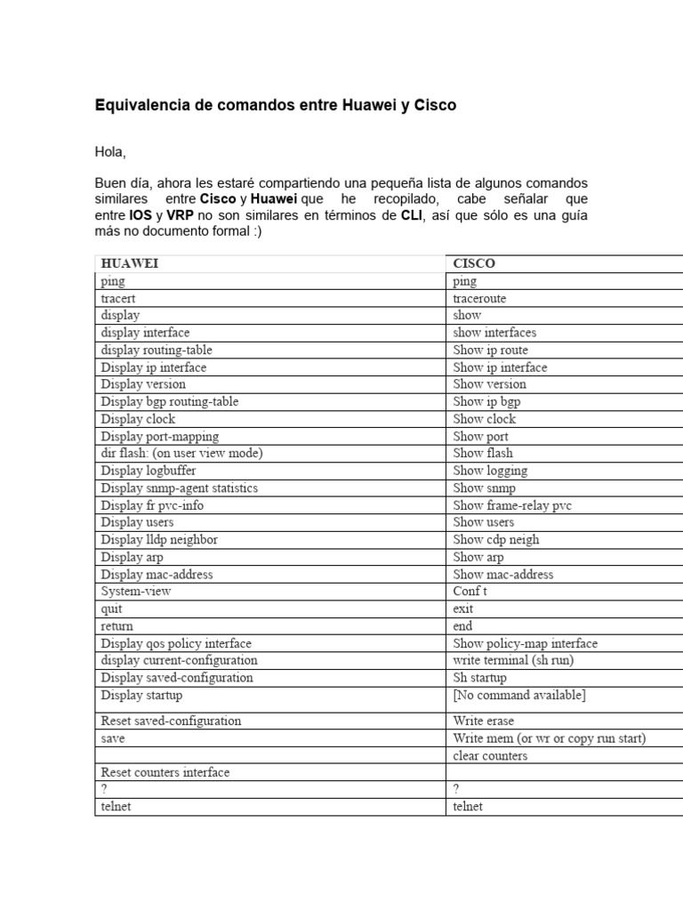 EQUIVALENCIAS DE COMANDOS ENTRE HUAWEI Y CISCO | PDF ...