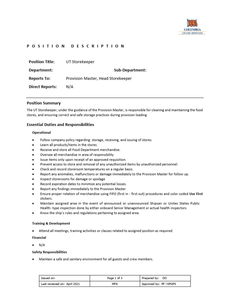 UT Storekeeper Job Description | PDF | Fluency