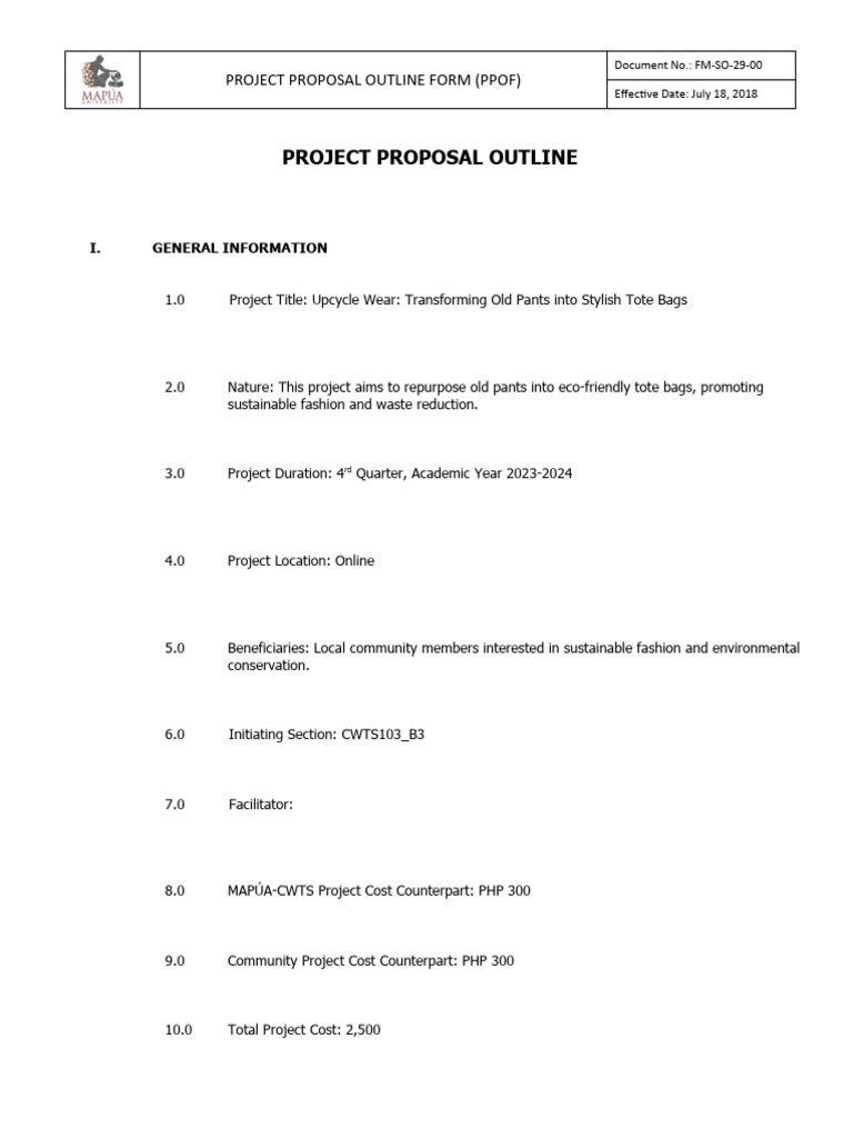 Project Proposal Outline Form For CWTS02&03 | PDF | Sustainability | Recycling