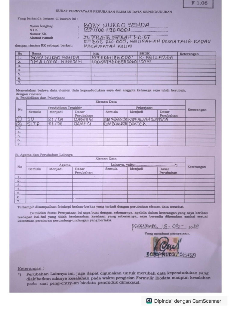 Blanko F1. 06 Perubahan Data Boby Dan Tria | PDF
