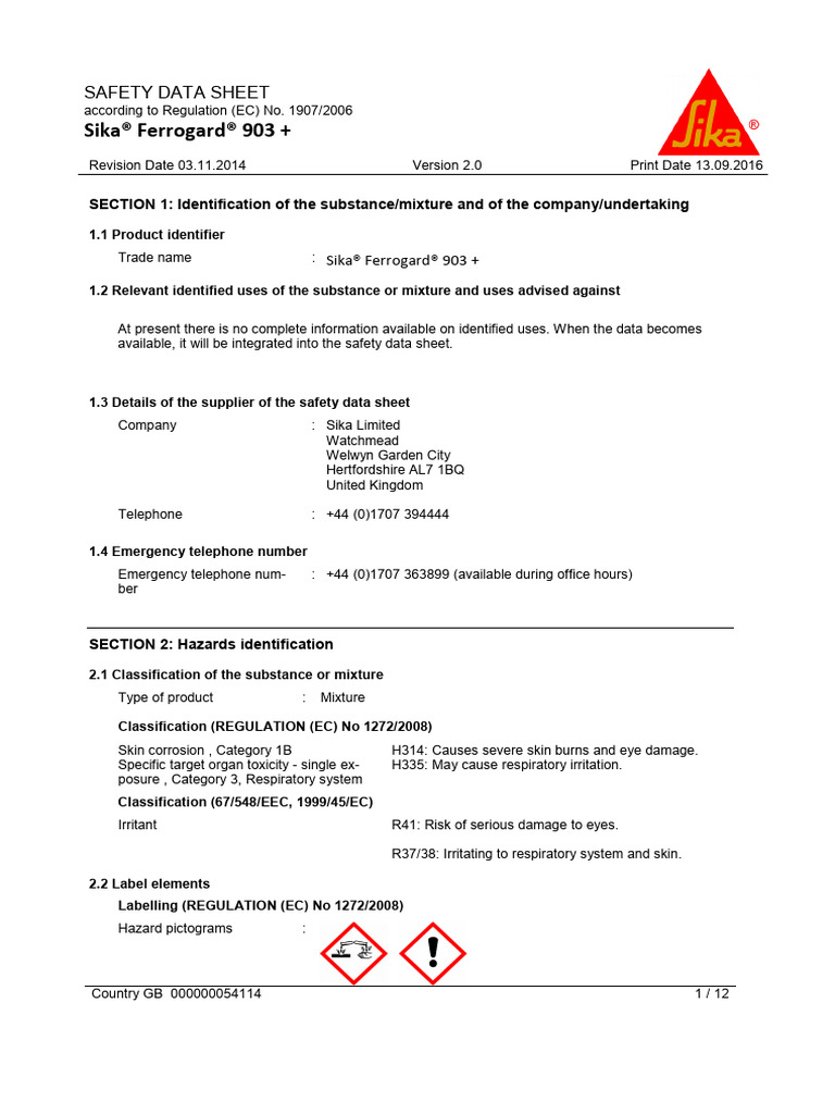 Sika-Ferogard-903-msds UK | PDF | Toxicity | Occupational Safety And Health