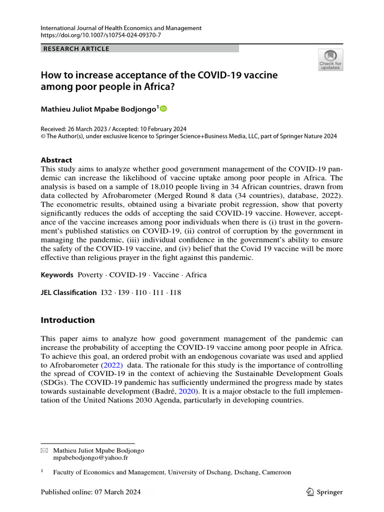 Mpabe Bodjongo International Journal of Health Economics and Management ...