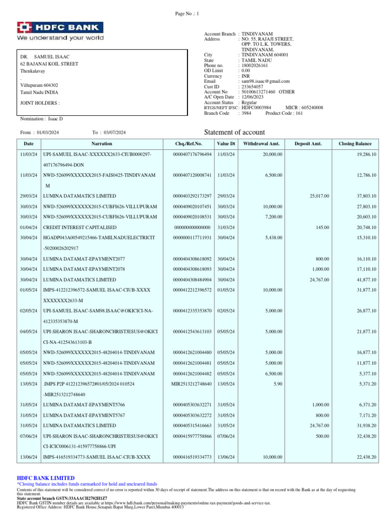 Samuel HDFC Statement | PDF | Banking Technology | Money