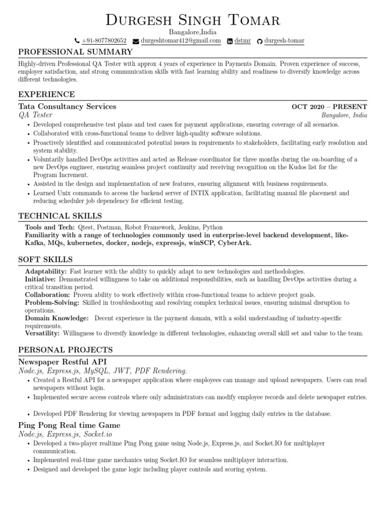 Durgesh Singh Tomar: Professional Summary | PDF | Software | Software Engineering