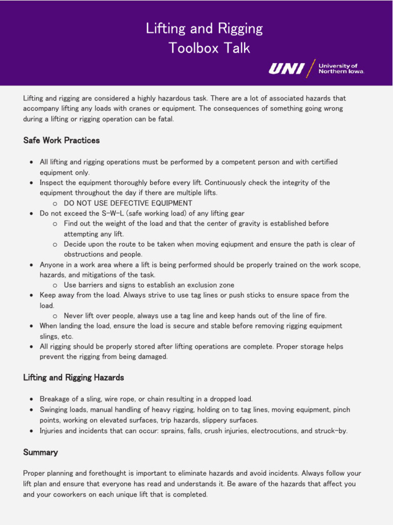 Lifting and Rigging Toolbox Talk | PDF