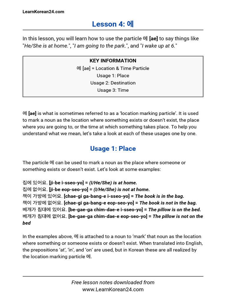 LearnKorean24_Course_Lesson_4 | PDF | Preposition And Postposition | Linguistic Typology