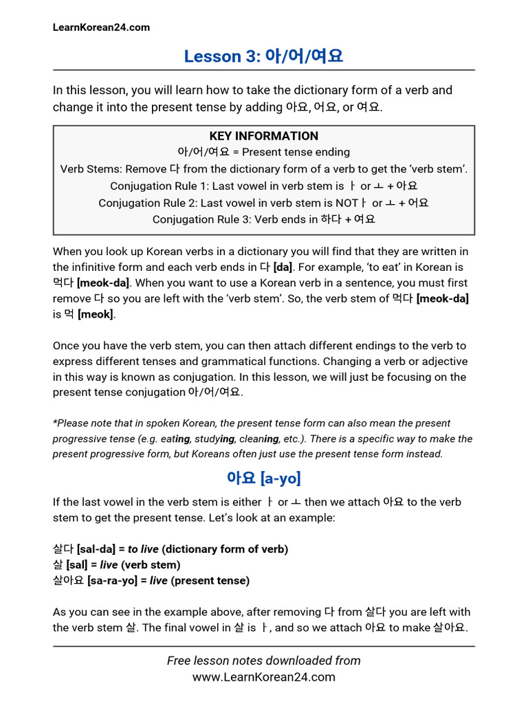 LearnKorean24 Course Lesson 3 | PDF | Verb | Grammatical Conjugation