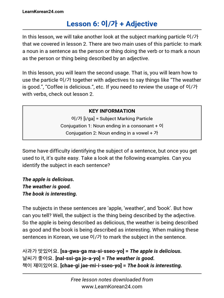 LearnKorean24 Course Lesson 6 | PDF | Subject (Grammar) | Adjective